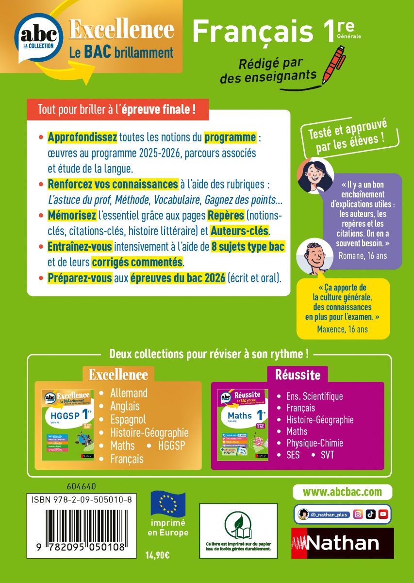 Français 1re - ABC Excellence - Bac 2026 - Cours complets, Notions-clés ...