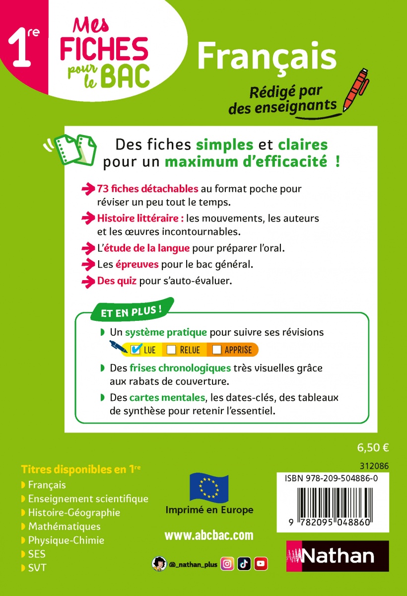 Français 1re - Mes fiches pour le BAC Première - BAC 2026 - EPUB | Nathan